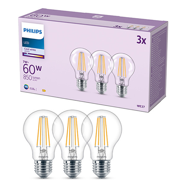 Philips LED lamp E27 | Peer A60 | Filament | Helder | 4000K | 7W (60W) 3 stuks Philips 123led.nl
